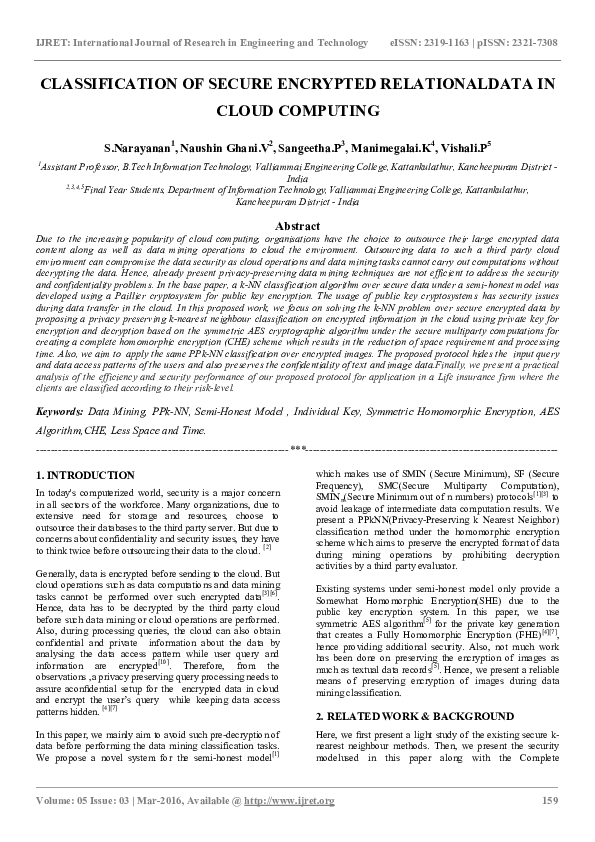 Pdf Classification Of Secure Encrypted Relationaldata In Cloud Computing Esat Journals