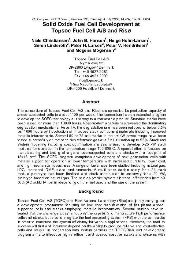 (PDF) Solid oxide fuel cell development at Topsoe Fuel Cell and Risø