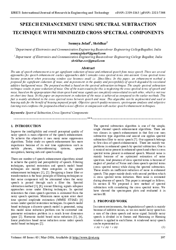(PDF) SPEECH ENHANCEMENT USING SPECTRAL SUBTRACTION TECHNIQUE WITH MINIMIZED CROSS SPECTRAL ...