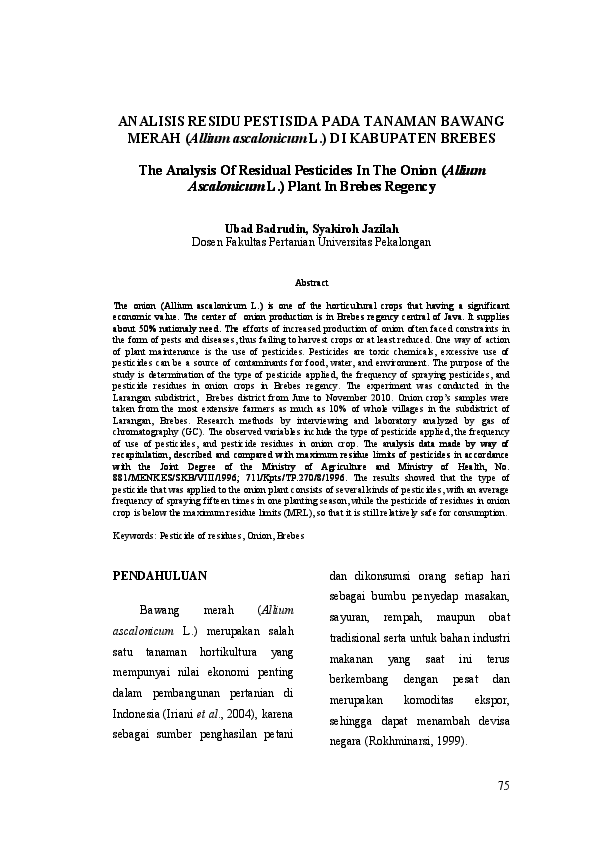 (PDF) ANALISIS RESIDU PESTISIDA PADA TANAMAN BAWANG MERAH (Allium ...