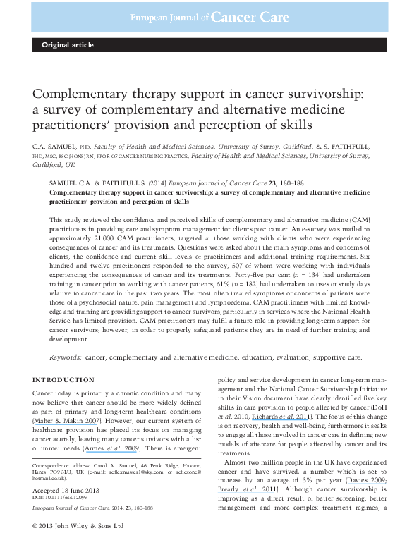 (PDF) Complementary therapy support in cancer survivorship: a survey of ...