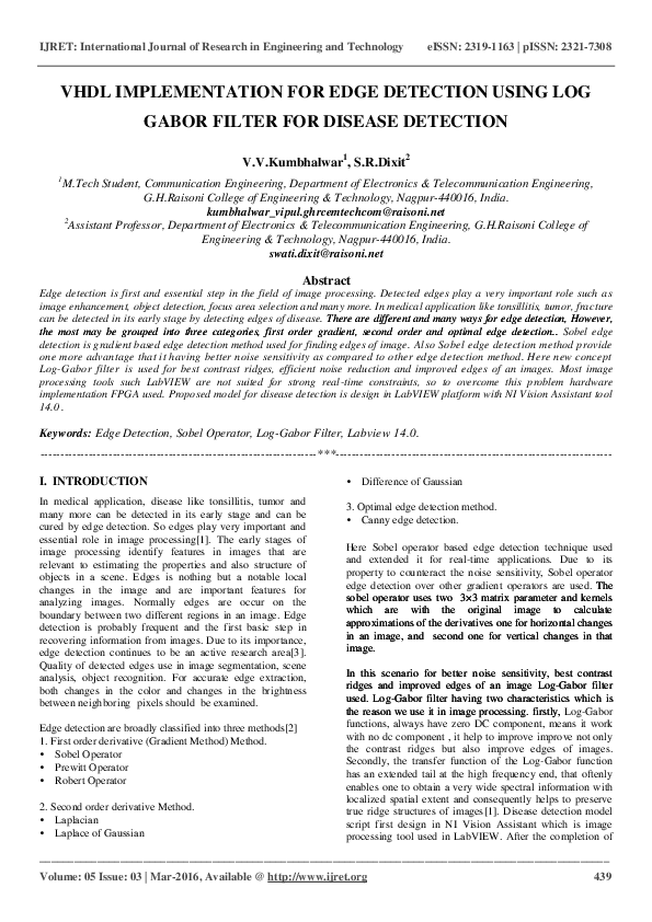 Pdf Vhdl Implementation For Edge Detection Using Log Gabor Filter For