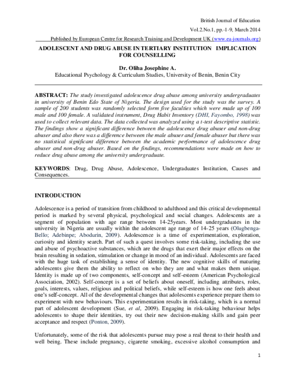 (PDF) ADOLESCENT AND DRUG ABUSE IN TERTIARY INSTITUTION IMPLICATION FOR ...