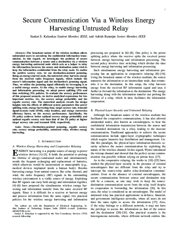 (PDF) Secure Communication Via a Wireless Energy Harvesting Untrusted Relay