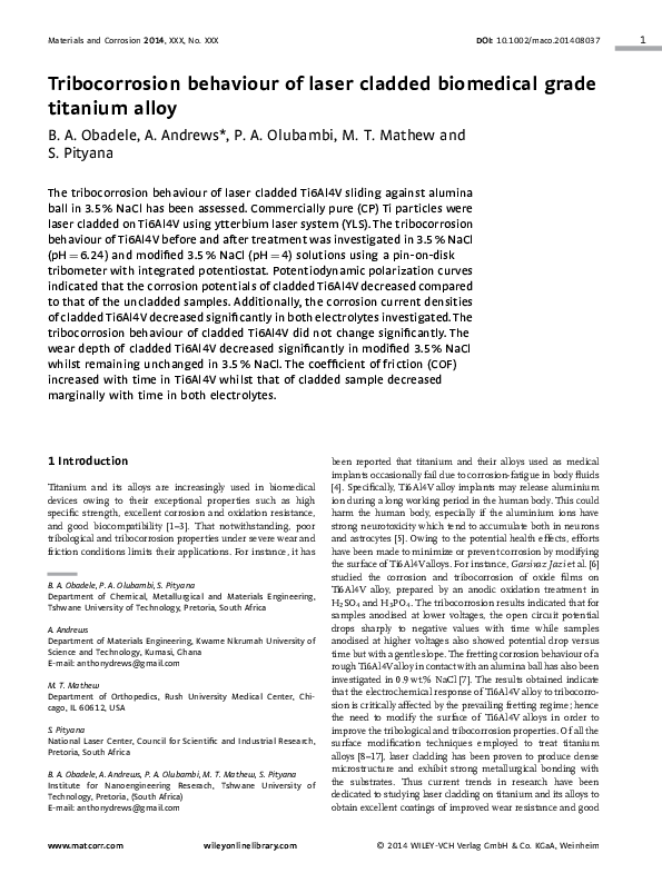 (PDF) In Vitro and Electrochemical Characterization of Laser-Cladded Ti-Nb-Ta Alloy for ...