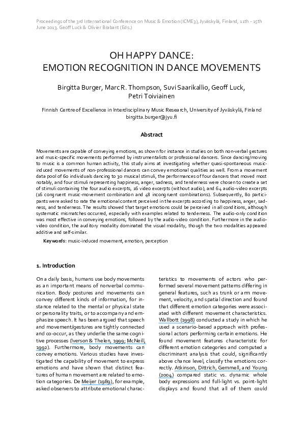 (PDF) Oh happy dance: Emotion recognition in dance movement