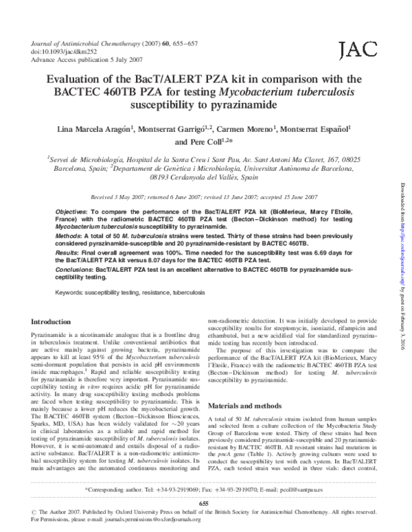 (PDF) Evaluation of the BacT/ALERT PZA kit in comparison with the ...