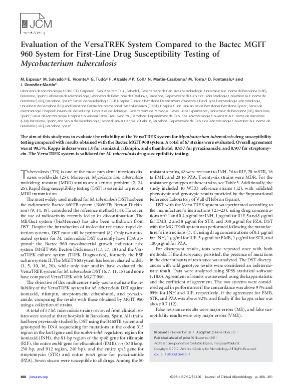 (PDF) Evaluation of the VersaTREK System Compared to the Bactec MGIT ...