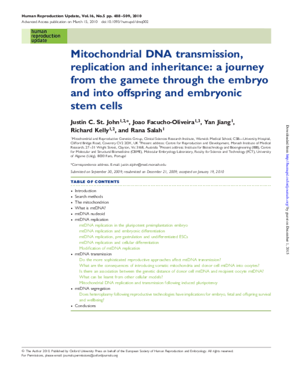 (PDF) Mitochondrial DNA transmission, replication and inheritance: a ...