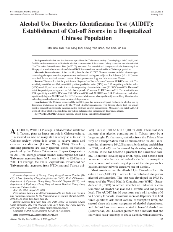 (PDF) Alcohol Use Disorders Identification Test (AUDIT): Establishment ...