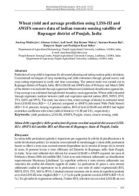 (PDF) Wheat yield and acreage prediction using LISS-III and AWiFS sensors data of indian remote ...
