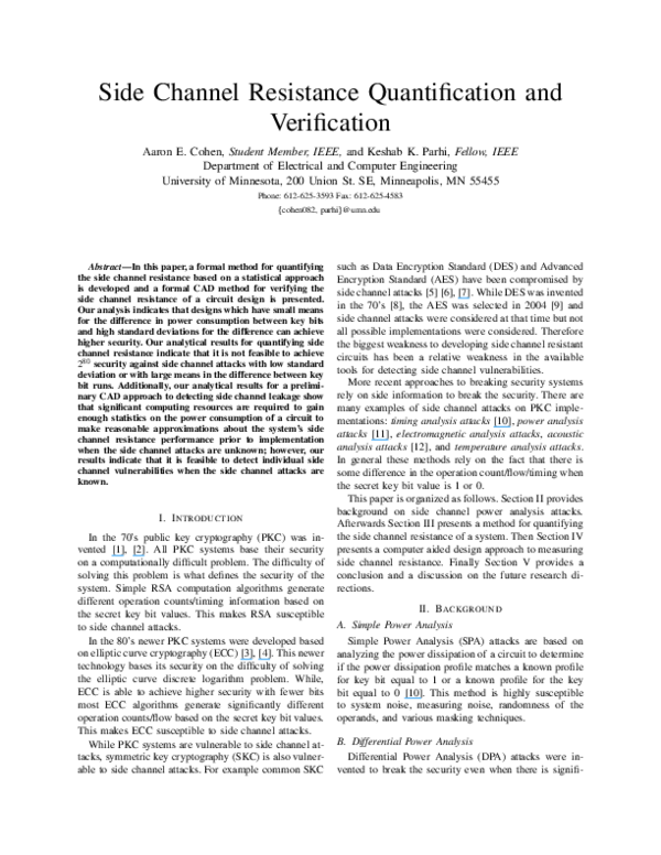 (PDF) Side channel resistance quantification and verification