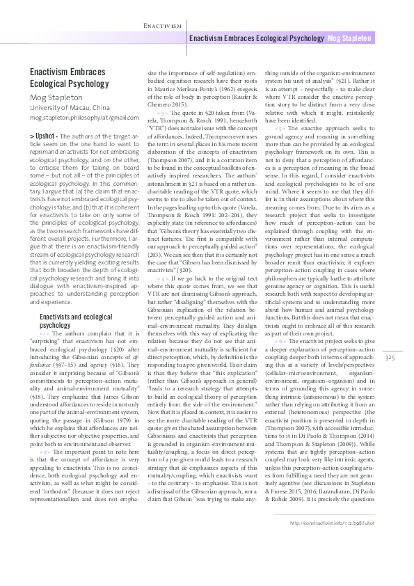 (PDF) Enactivism Embraces Ecological Psychology