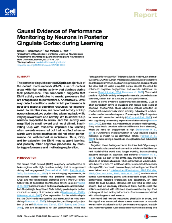 (PDF) Causal Evidence of Performance Monitoring by Neurons in Posterior Cingulate Cortex during ...