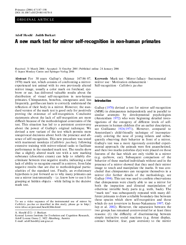 (PDF) A new mark test for mirror self-recognition in non-human primates