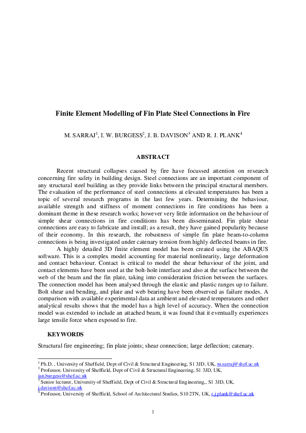 (PDF) Finite element modelling of steel fin plate connections in fire