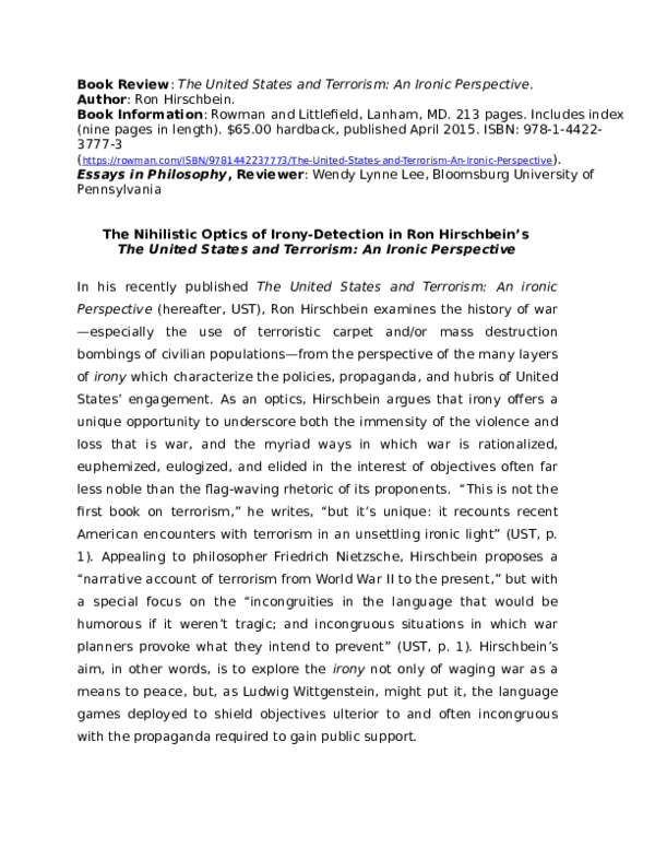(DOC) The Nihilistic Optics of Irony-Detection in Ron Hirschbein’s The ...