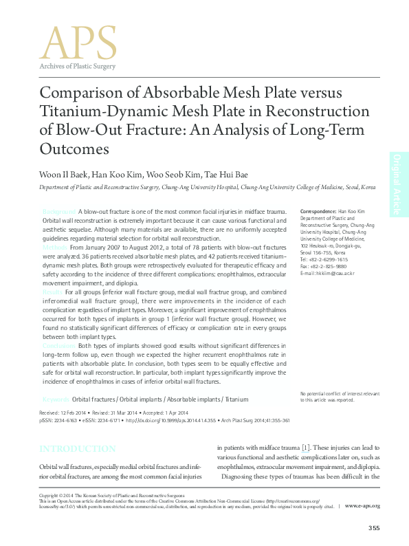 (PDF) Comparison of Absorbable Mesh Plate versus Titanium-Dynamic Mesh Plate in Reconstruction ...