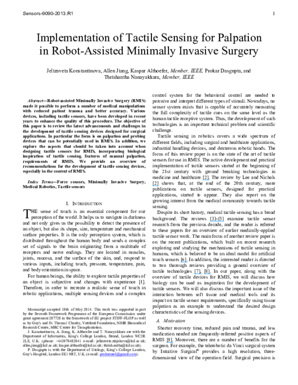 Pdf Implementation Of Tactile Sensing For Palpation In Robot Assisted Minimally Invasive Surgery