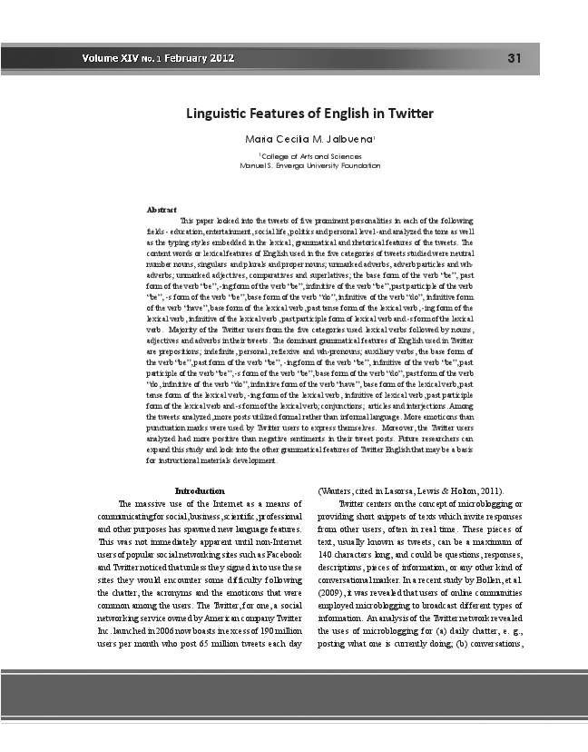(PDF) Linguistic Features of English in Twitter