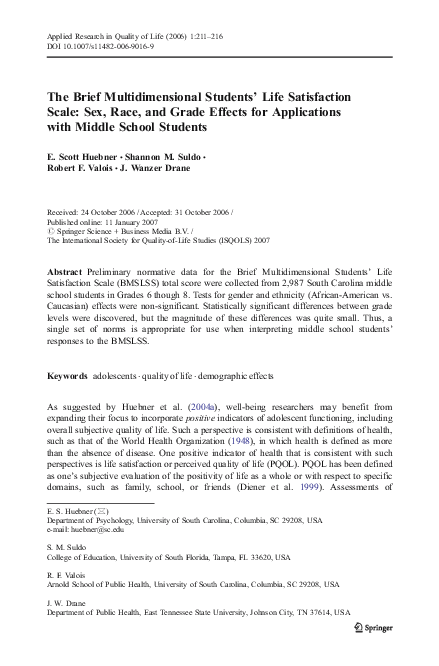 (PDF) The Brief Multidimensional Students’ Life Satisfaction Scale: Sex, Race, and Grade Effects ...