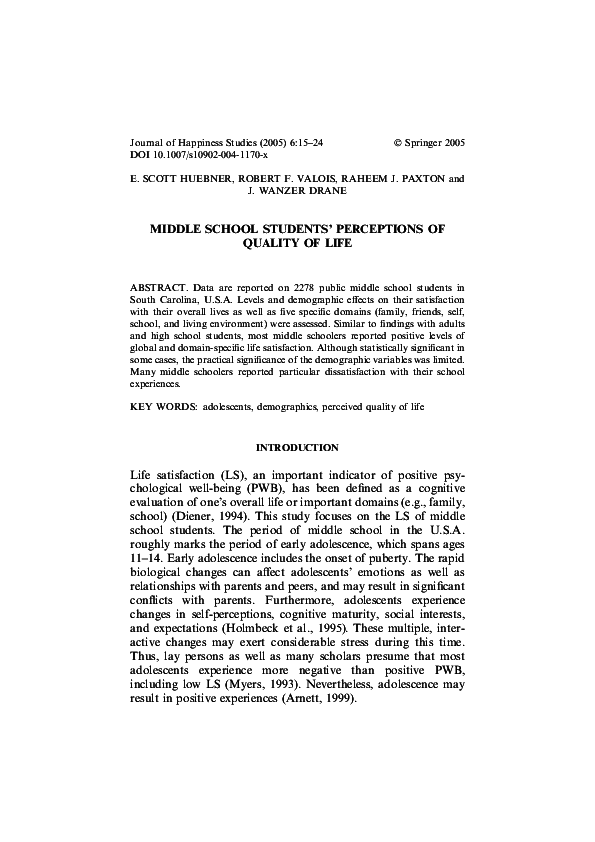 (PDF) Middle school students’ perceptions of quality of life