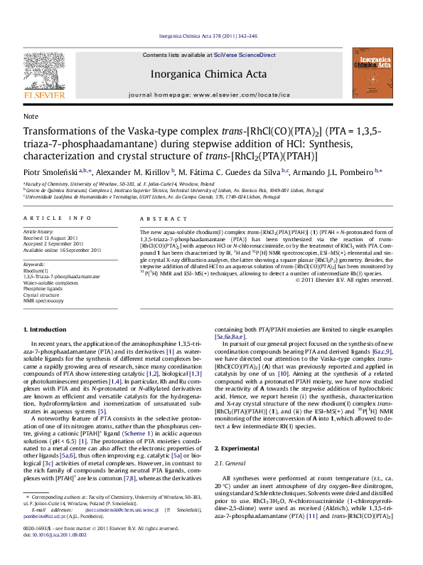 (PDF) Transformations of the Vaska-type complex trans-[RhCl(CO)(PTA)2 ...