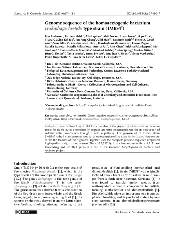 (PDF) Genome sequence of the homoacetogenic bacterium Holophaga foetida ...