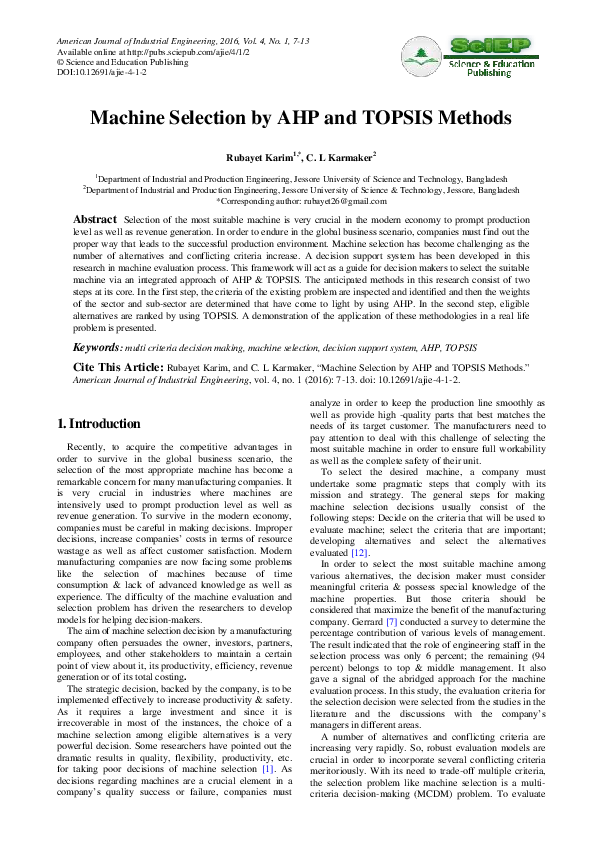 Pdf Machine Selection By Ahp And Topsis Methods