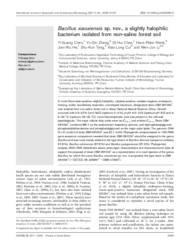 (PDF) Bacillus xiaoxiensis sp. nov., a slightly halophilic bacterium isolated from non-saline ...