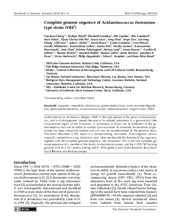 (PDF) Complete genome sequence of Acidaminococcus fermentans type ...