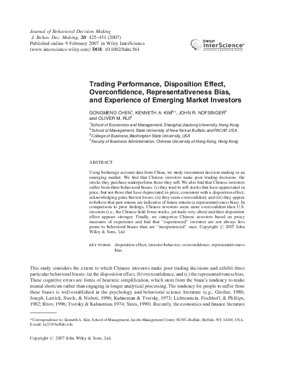 (PDF) Trading performance, disposition effect, overconfidence ...