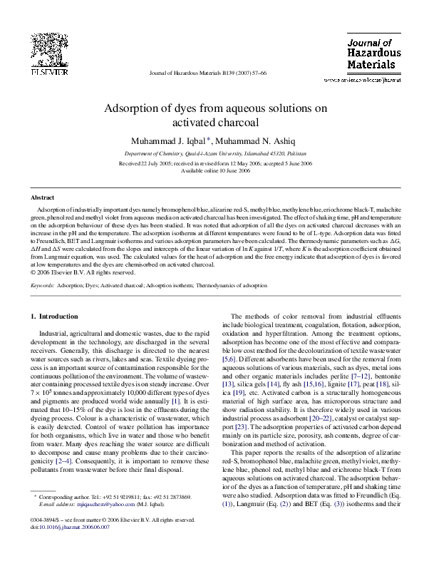 (PDF) Adsorption of dyes from aqueous solutions on activated charcoal