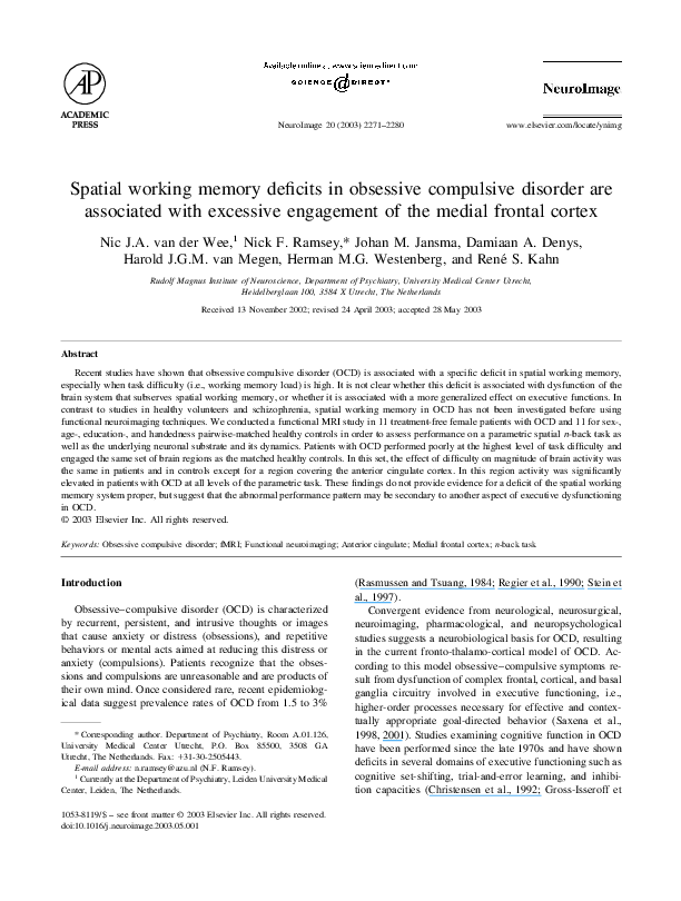 (PDF) Spatial working memory deficits in obsessive compulsive disorder are associated with ...