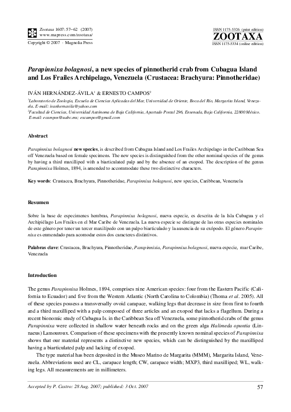 (PDF) Parapinnixa bolagnosi, a new species of pinnotherid crab from ...