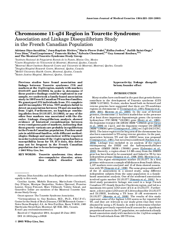 (PDF) Chromosome 11-q24 region in Tourette syndrome: Association and ...