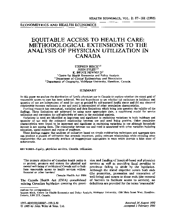 (PDF) Equitable Access to Health Care: Methodological Extensions to the ...