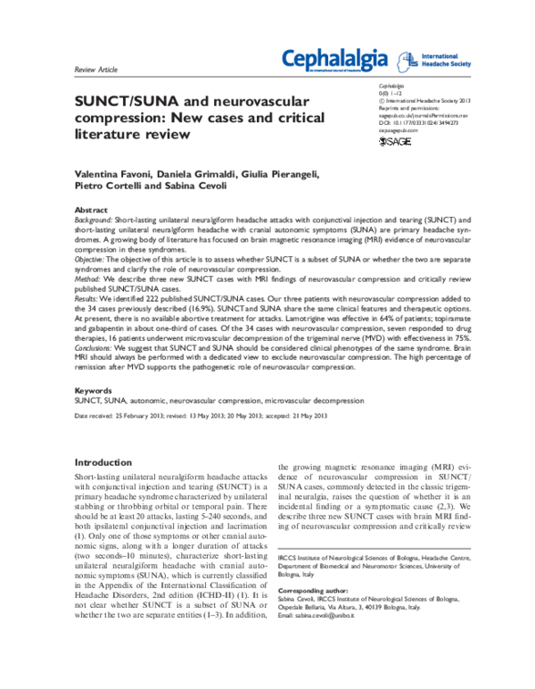 (PDF) SUNCT/SUNA and neurovascular compression: New cases and critical ...