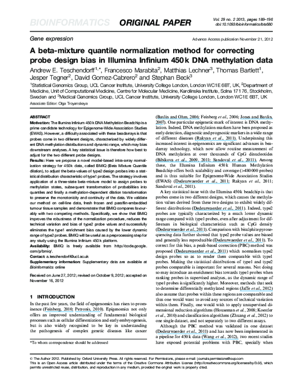 (PDF) A beta-mixture quantile normalization method for correcting probe ...