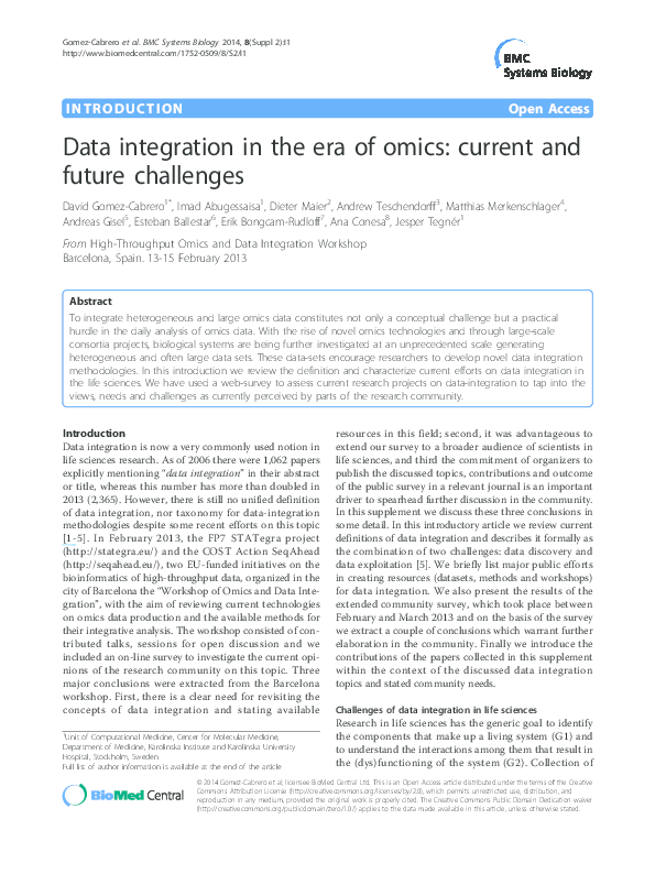 (PDF) Data integration in the era of omics: current and future challenges