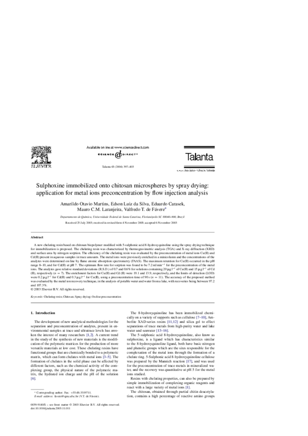 (PDF) Sulphoxine immobilized onto chitosan microspheres by spray drying: application for metal ...