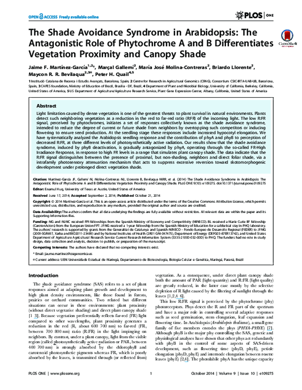 (PDF) The Shade Avoidance Syndrome in Arabidopsis: The Antagonistic ...