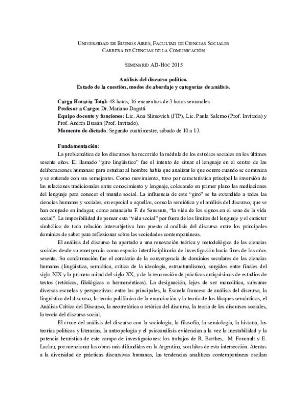 Doc Análisis Del Discurso Político Estado De La Cuestión Modos De
