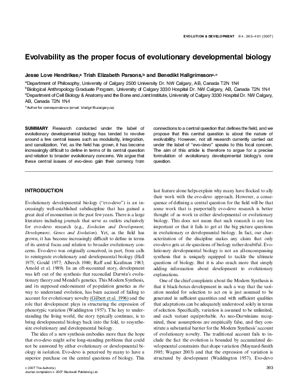 (PDF) Evolvability as the proper focus of evolutionary developmental biology