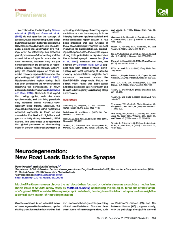(PDF) Neurodegeneration: New Road Leads Back to the Synapse