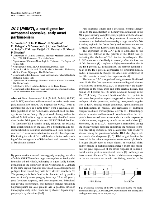 (PDF) DJ-1 ( PARK7 ), a novel gene for autosomal recessive, early onset ...