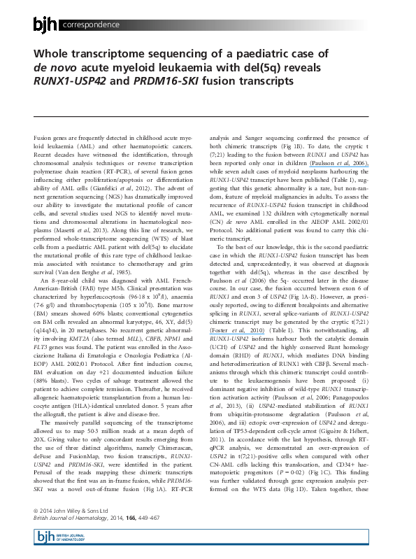 (PDF) Whole transcriptome sequencing of a paediatric case of de novo acute myeloid leukaemia ...