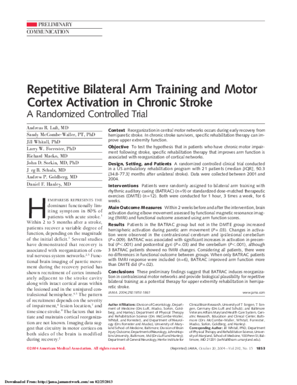 (PDF) Repetitive bilateral arm training and motor cortex activation in chronic stroke: a ...