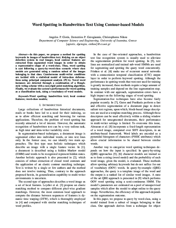 (PDF) Word Spotting in Handwritten Text Using Contour-Based Models