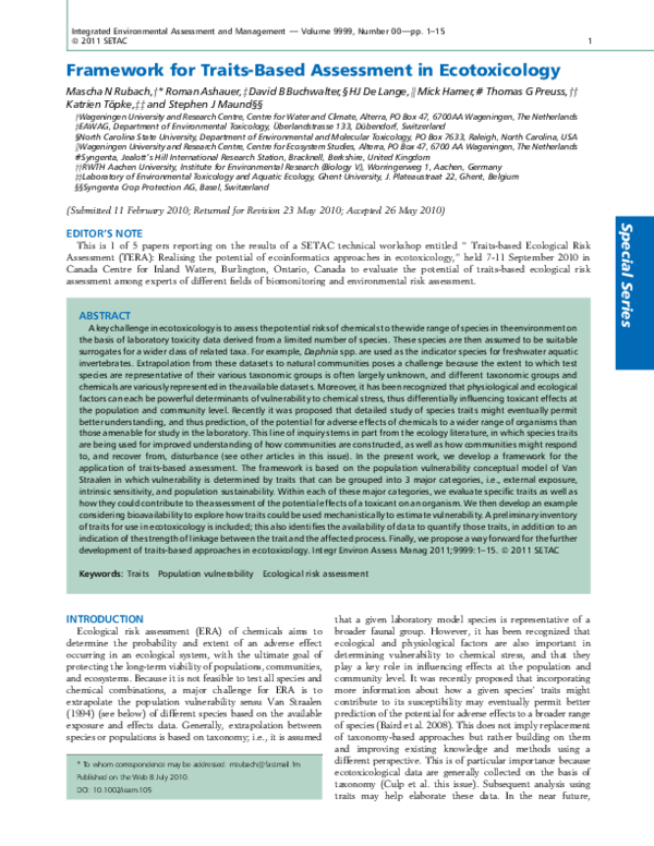 (PDF) Framework for Traits-based Assessment in Ecotoxicology